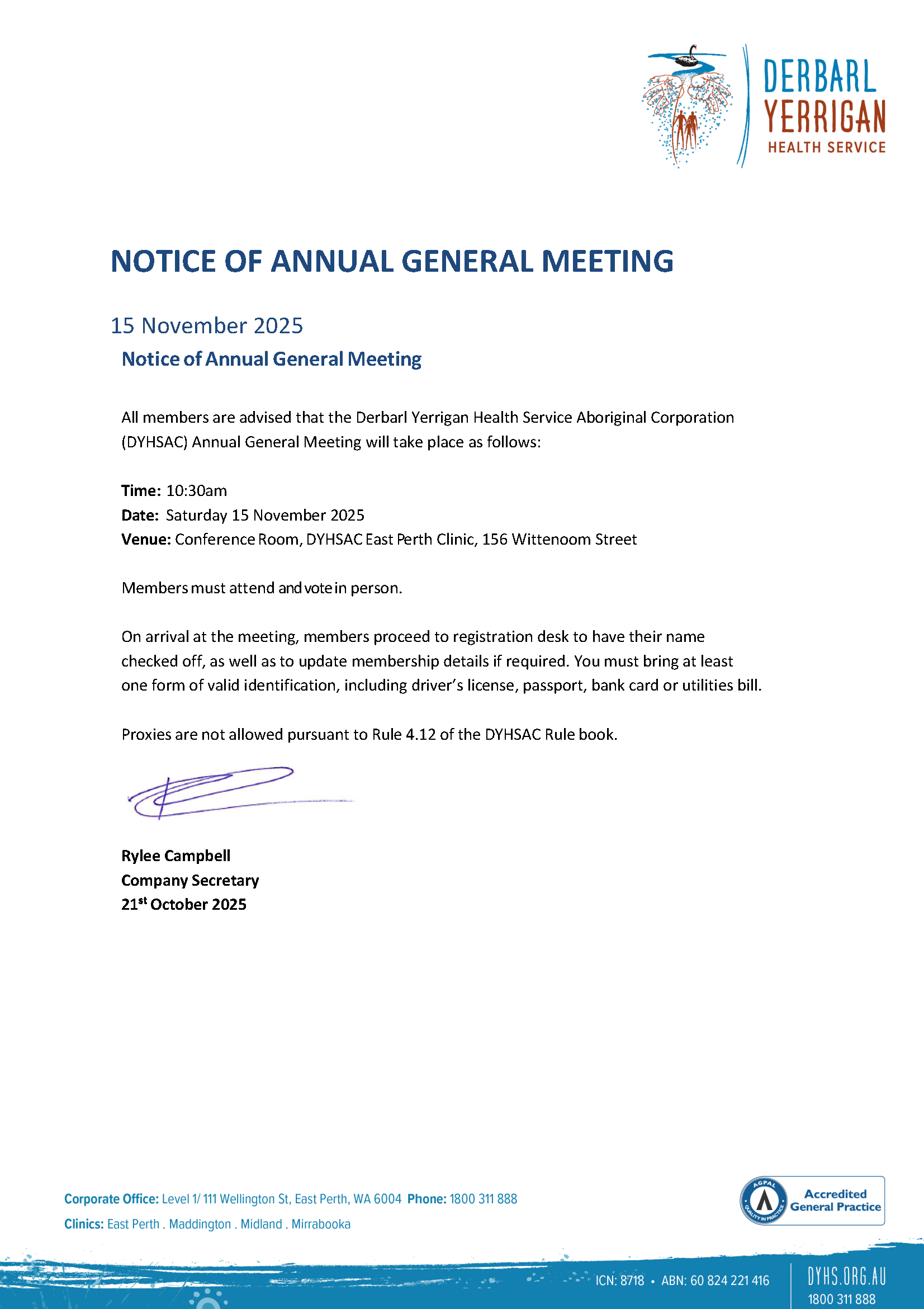 Notice of Annual General Meeting • Derbarl Yerrigan • Aboriginal ...